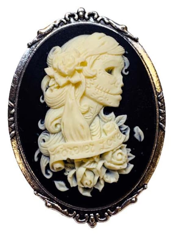 Black and Cream Zombie Corpse Bride Cameo Brooch in Silvertone - Etsy