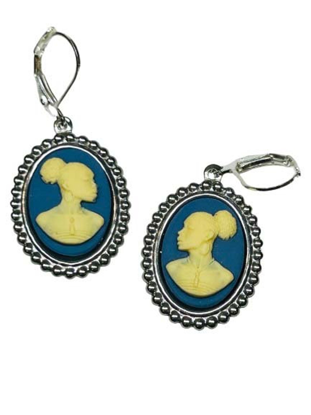Blue and Ivory African Lady Cameo Earrings in Silvertone Setting With ...