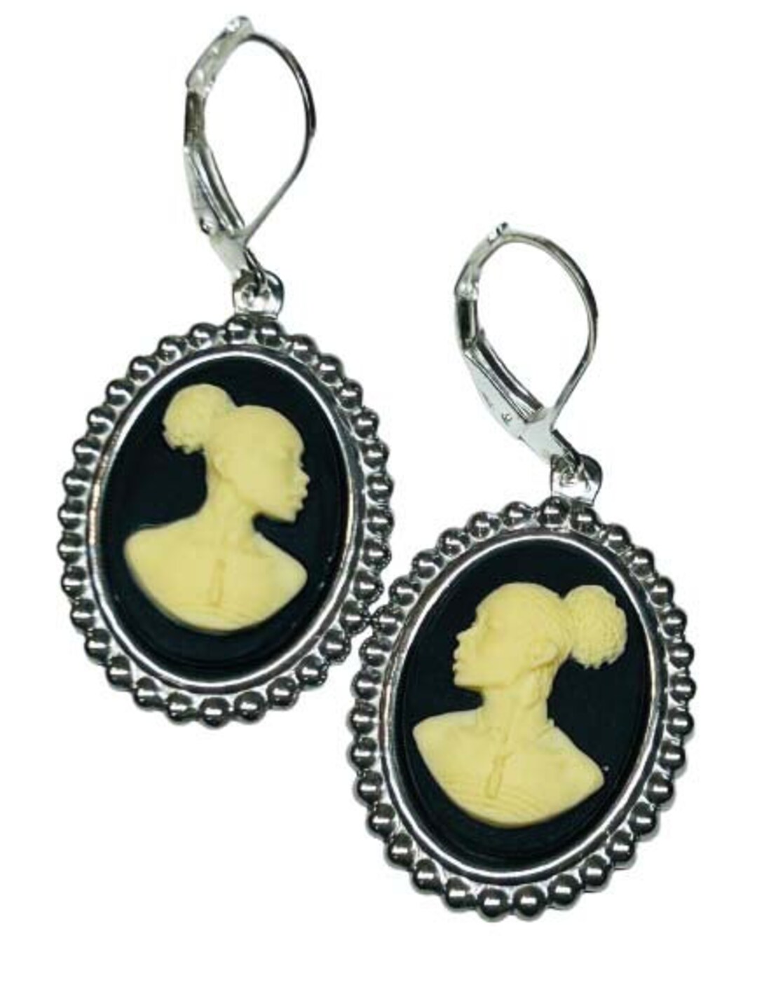 Black and Ivory African Lady Cameo Earrings in Silvertone Setting With ...