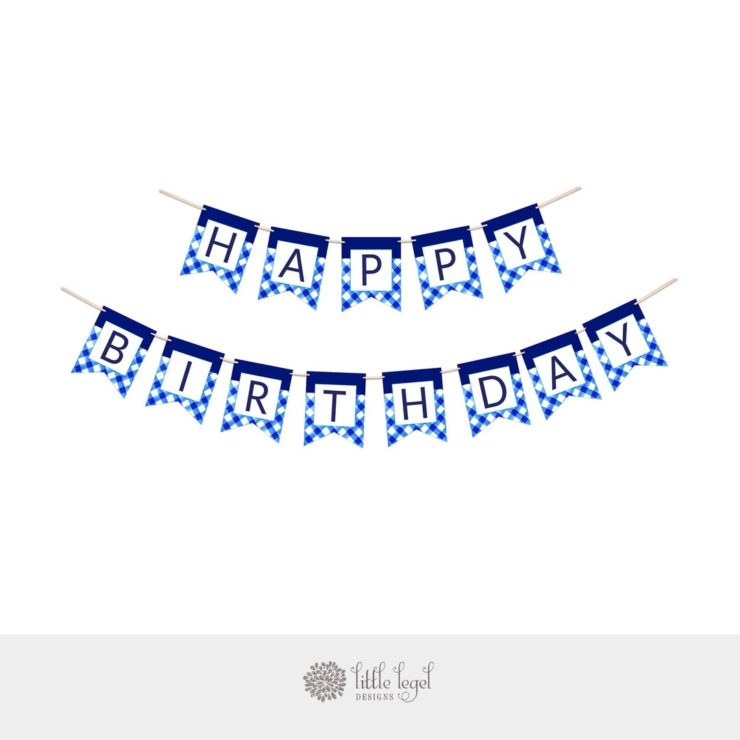 Blue Gingham Birthday Banner. Digital Banner- Happy Birthday Blue ...