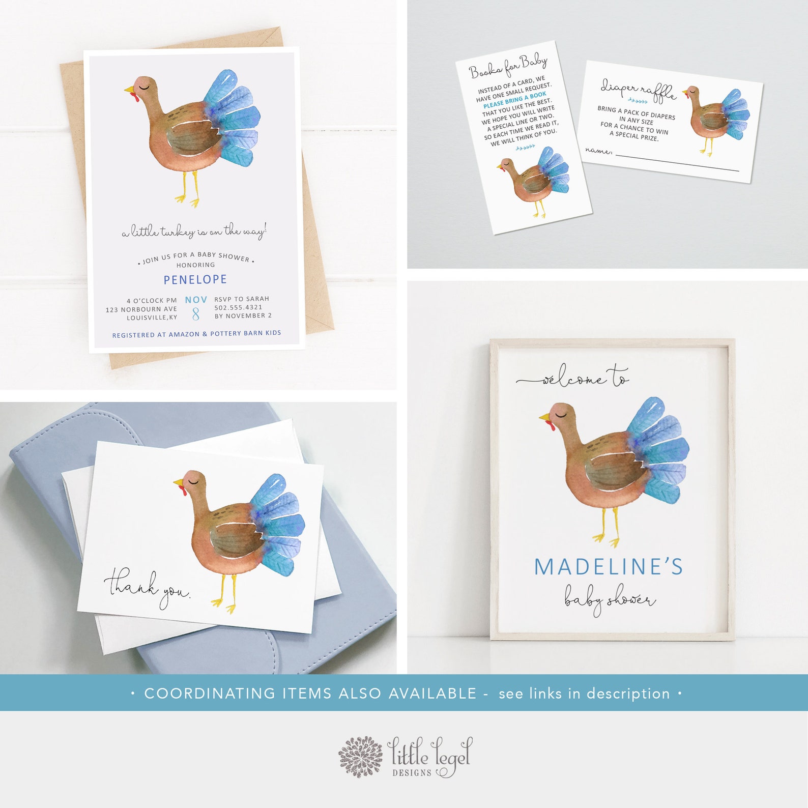 Turkey Baby Boy Shower Invitation. Blue. Thanksgiving Shower. | Etsy