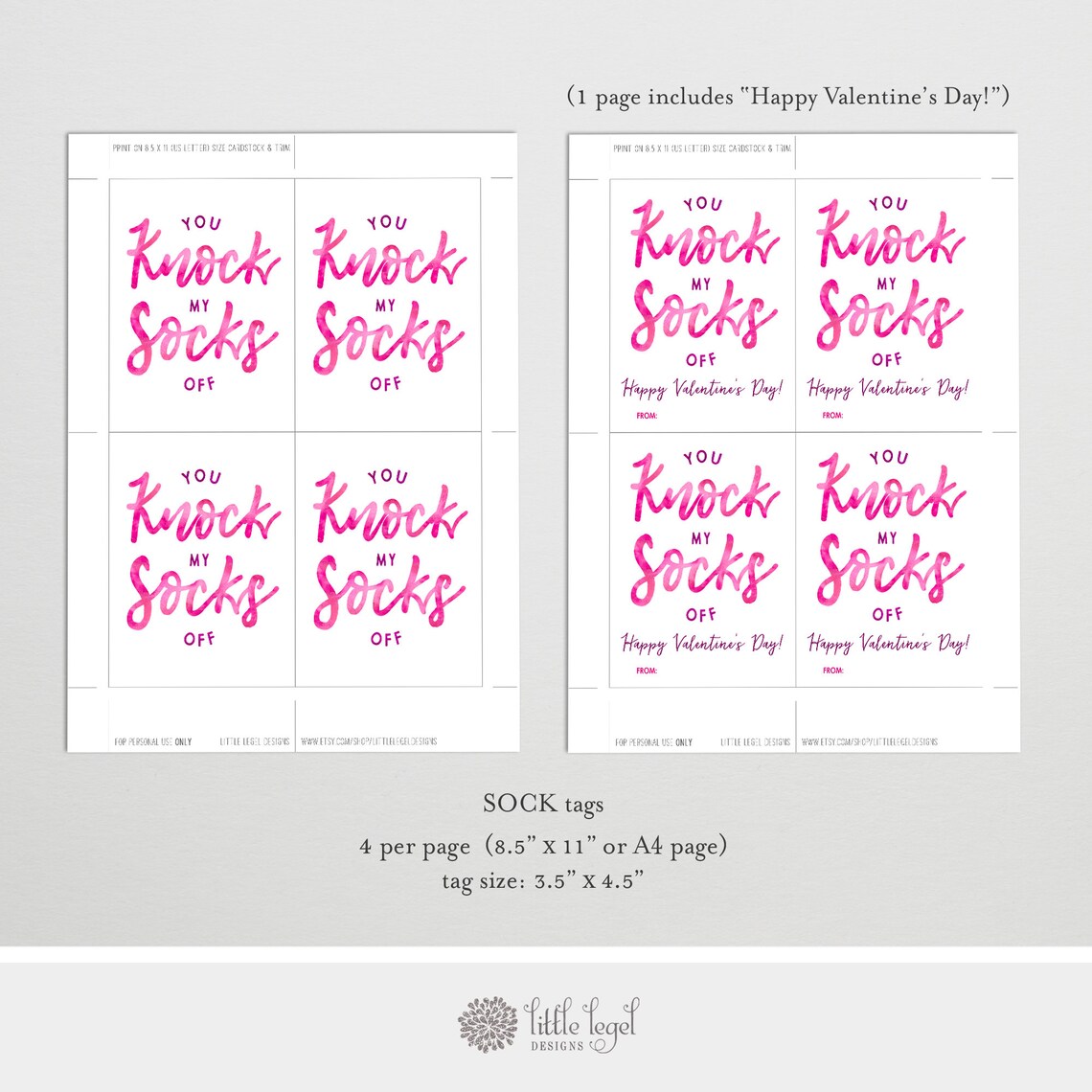 Class Valentine Sock TAGS Watercolor. Classroom Valentines. | Etsy