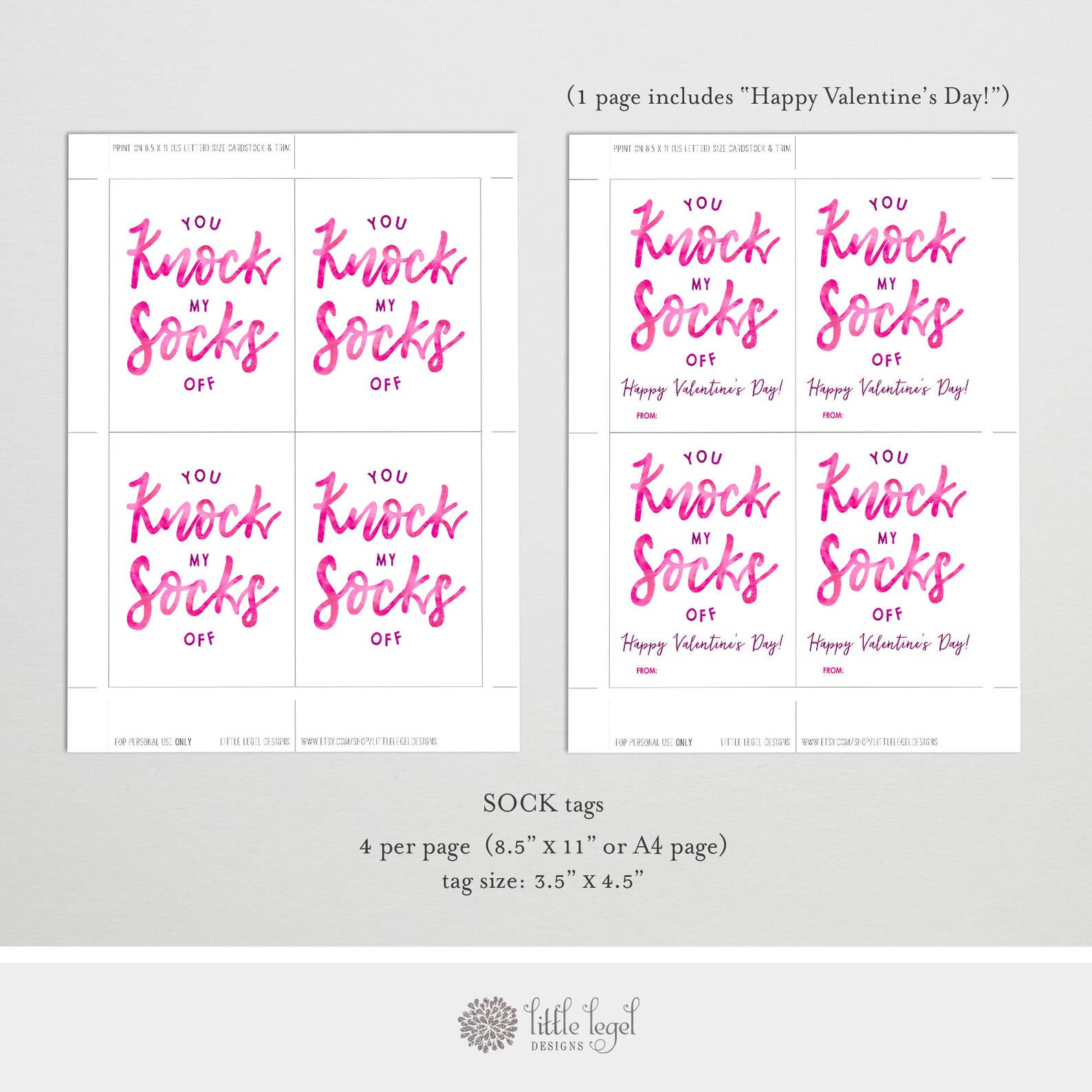 Class Valentine Sock TAGS Watercolor. Classroom Valentines. | Etsy