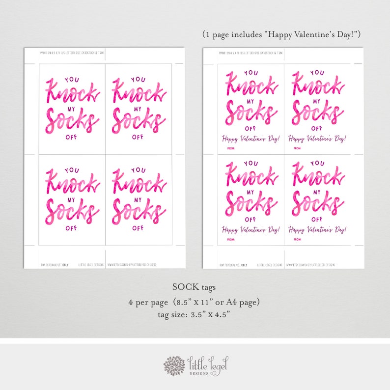 Class Valentine Sock TAGS Watercolor. Classroom Valentines. - Etsy
