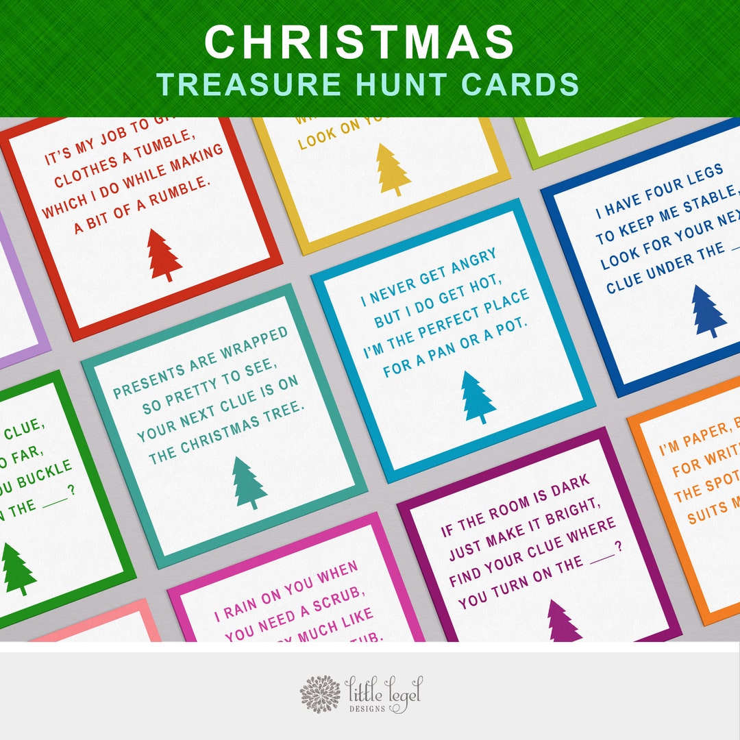 Christmas Treasure Hunt Cards Clues Xmas Scavenger Hunt. Indoor Holiday ...