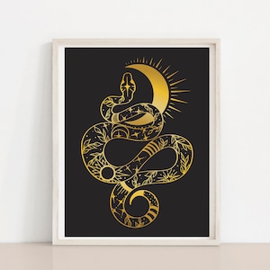 Snake Moon Flowers W/black Background Art Print - Etsy