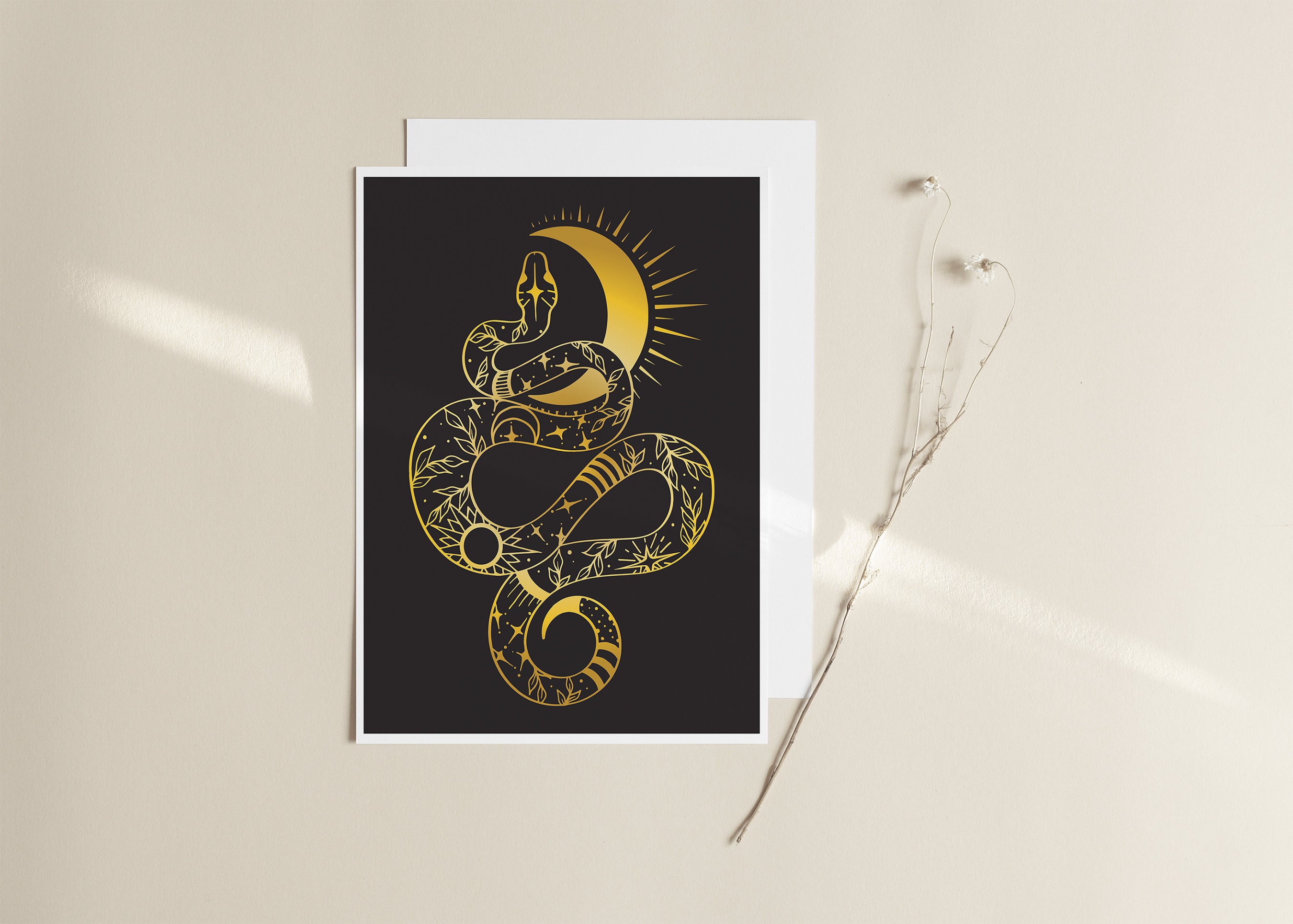 Snake Moon Flowers W/black Background Art Print - Etsy