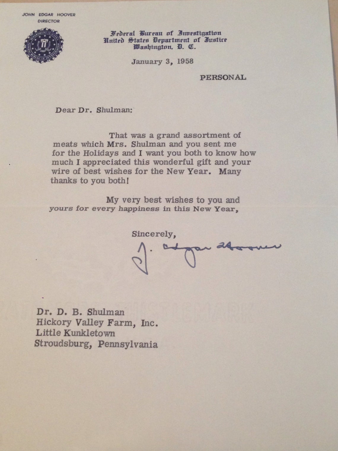 J.edgar Hoover Signed Letter on FBI Letterhead With Envelope 1958 - Etsy