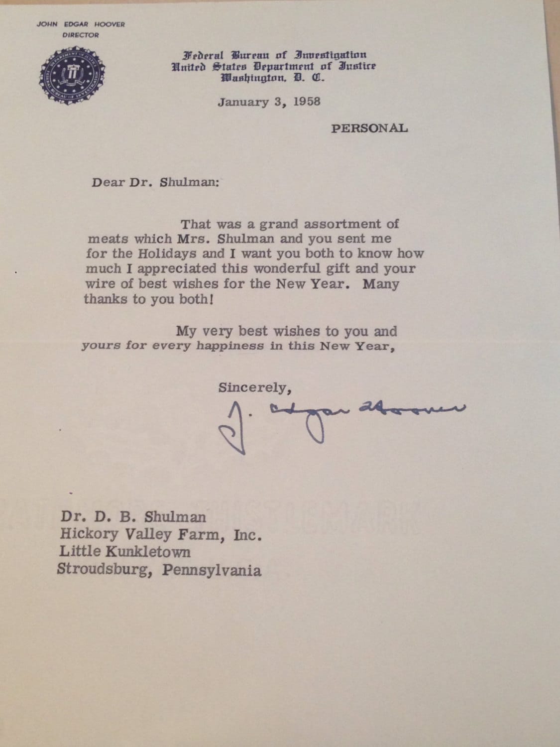 J.edgar Hoover Signed Letter on FBI Letterhead With Envelope 1958 - Etsy