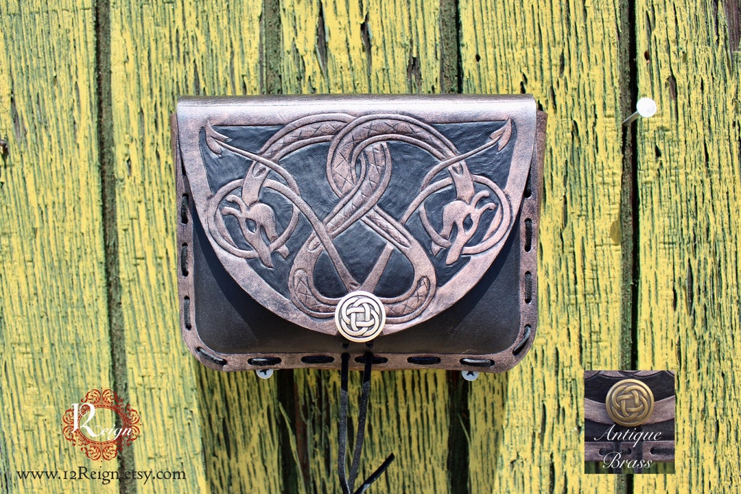 Leather Viking Pouch- "floki" Dual Celtic Dragon Design With Custom ...