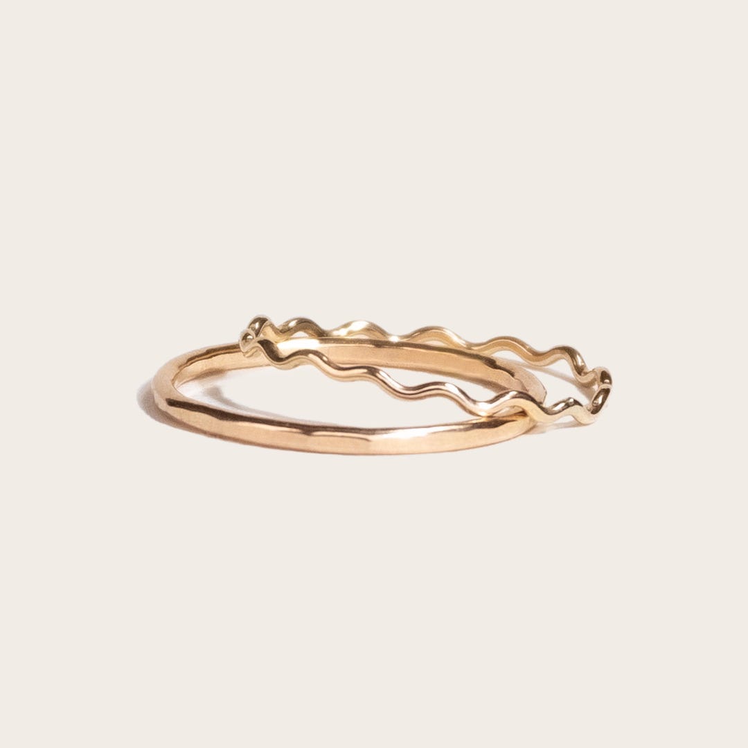 14k Gold Filled Ring Set: Wavy & Thin Hammered | Dainty, Minimal Wave ...