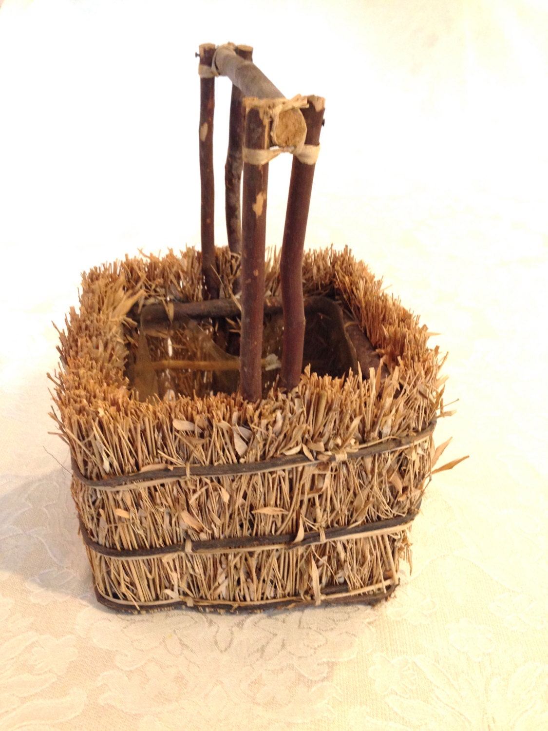 Rare Thatched Primitive Square Plant Flower Basket Planter With Handle ...