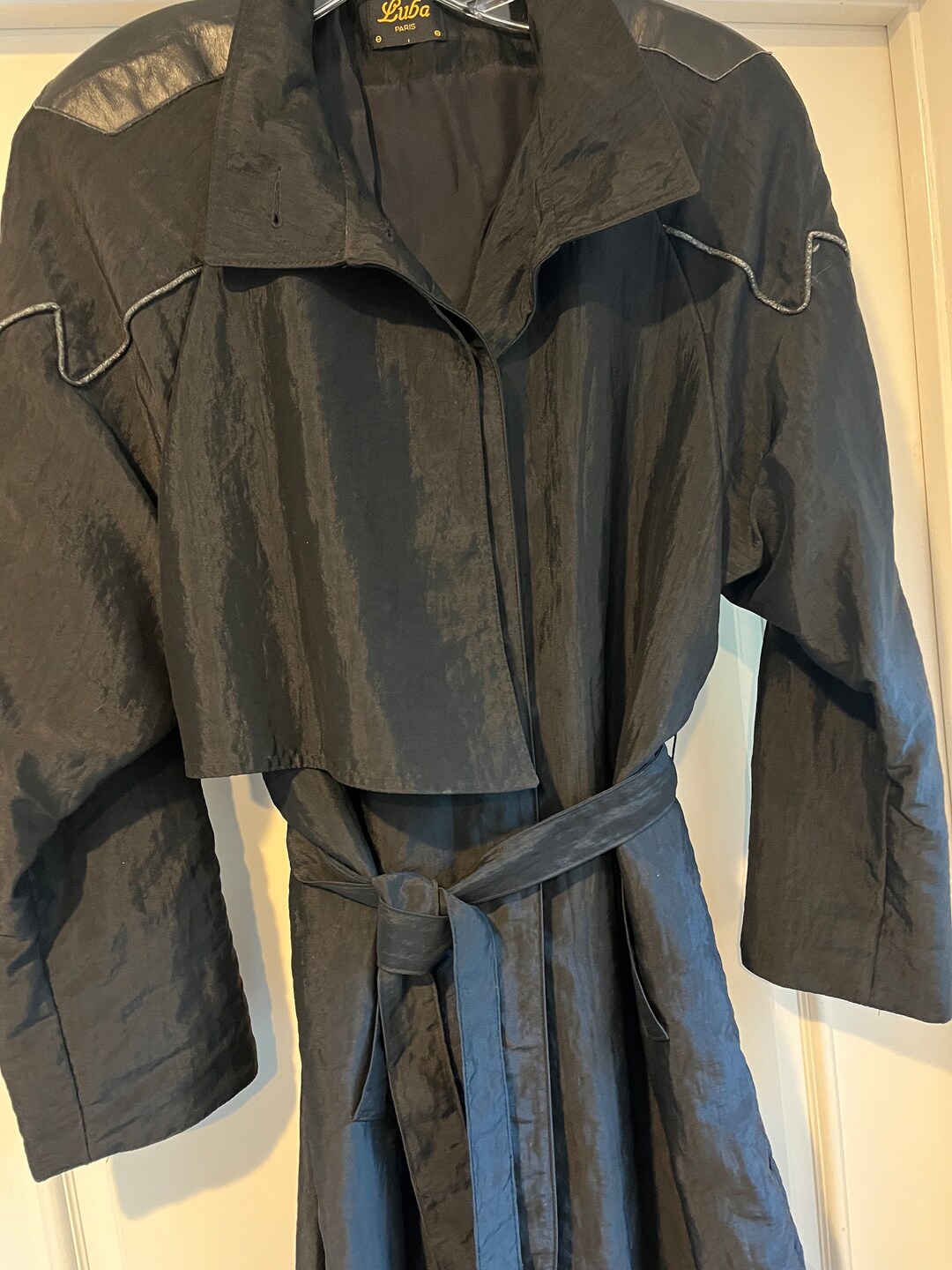Vtg Size L Black Nylon Leather Shoulder Ankle Length Long Raincoat ...