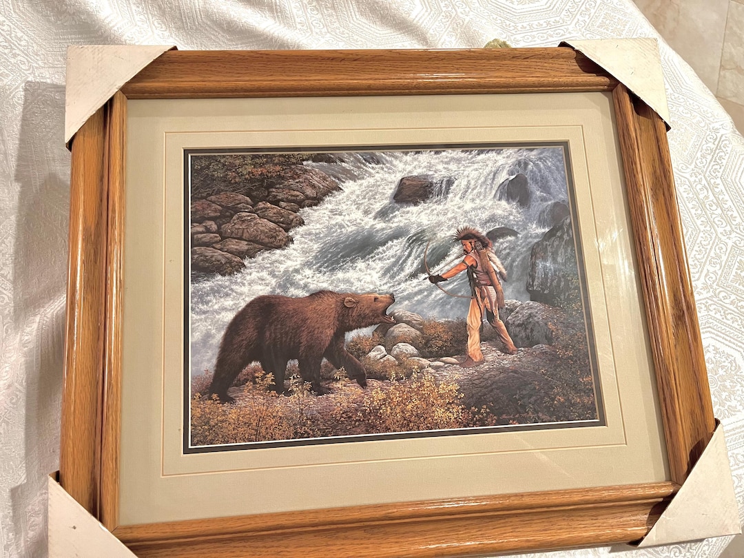 Gorgeous Frank D Miller 24 X 19" Indian Waterfall and Bear in Oak Wood ...
