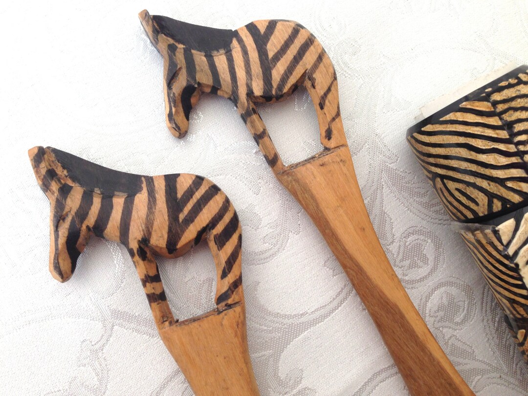 NEW Authentic African NEW Vtg ZEBRA Salad Serving Spoon & Fork With 4 ...