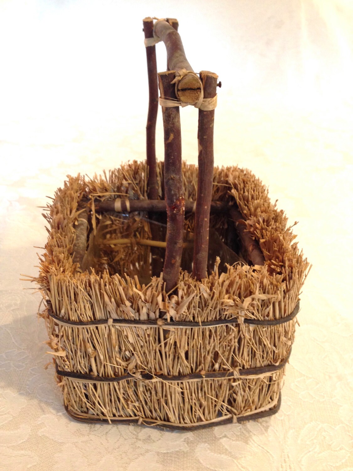 Rare Thatched Primitive Square Plant Flower Basket Planter With Handle ...