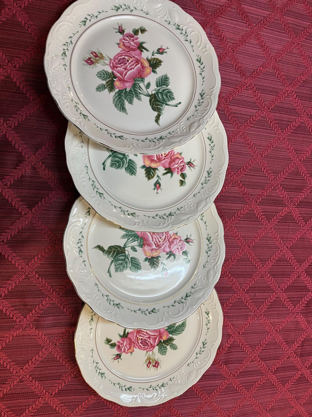 4 Gibson Victorian Rose Dinner Plates 10" Pink Floral Roses White China ...