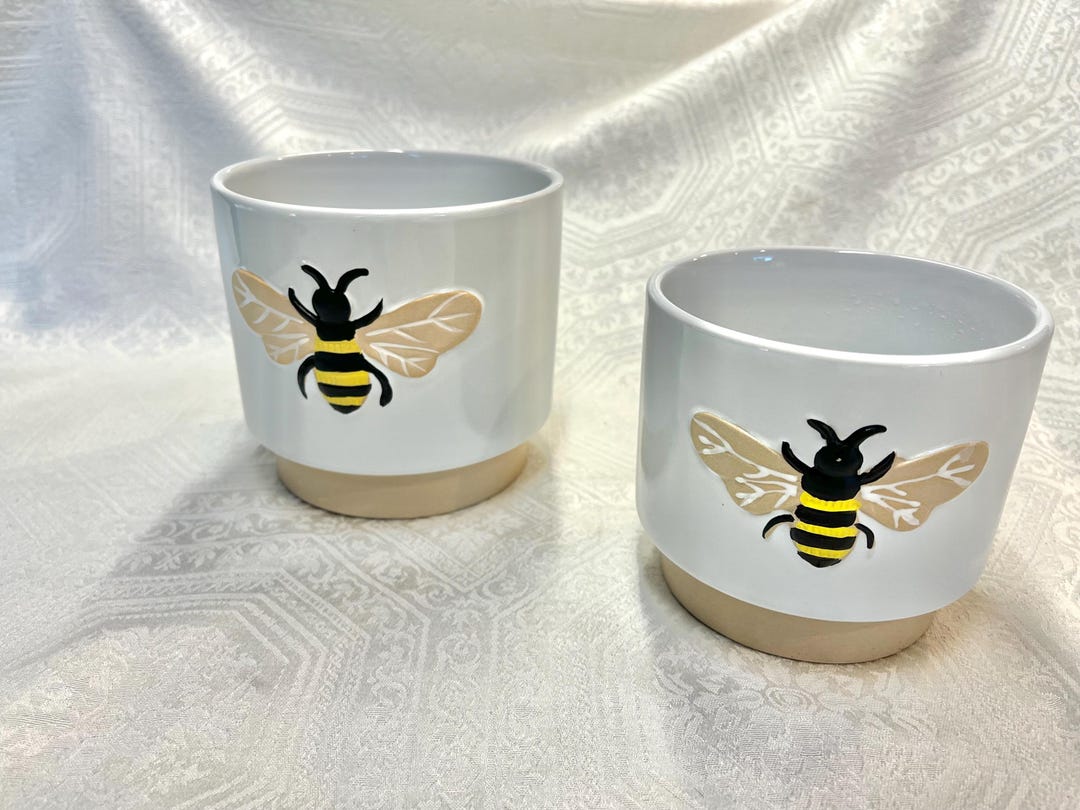 2 Bee Plant Flower Pots Holders Flower Planters Yellow and Black 5 X 5 ...