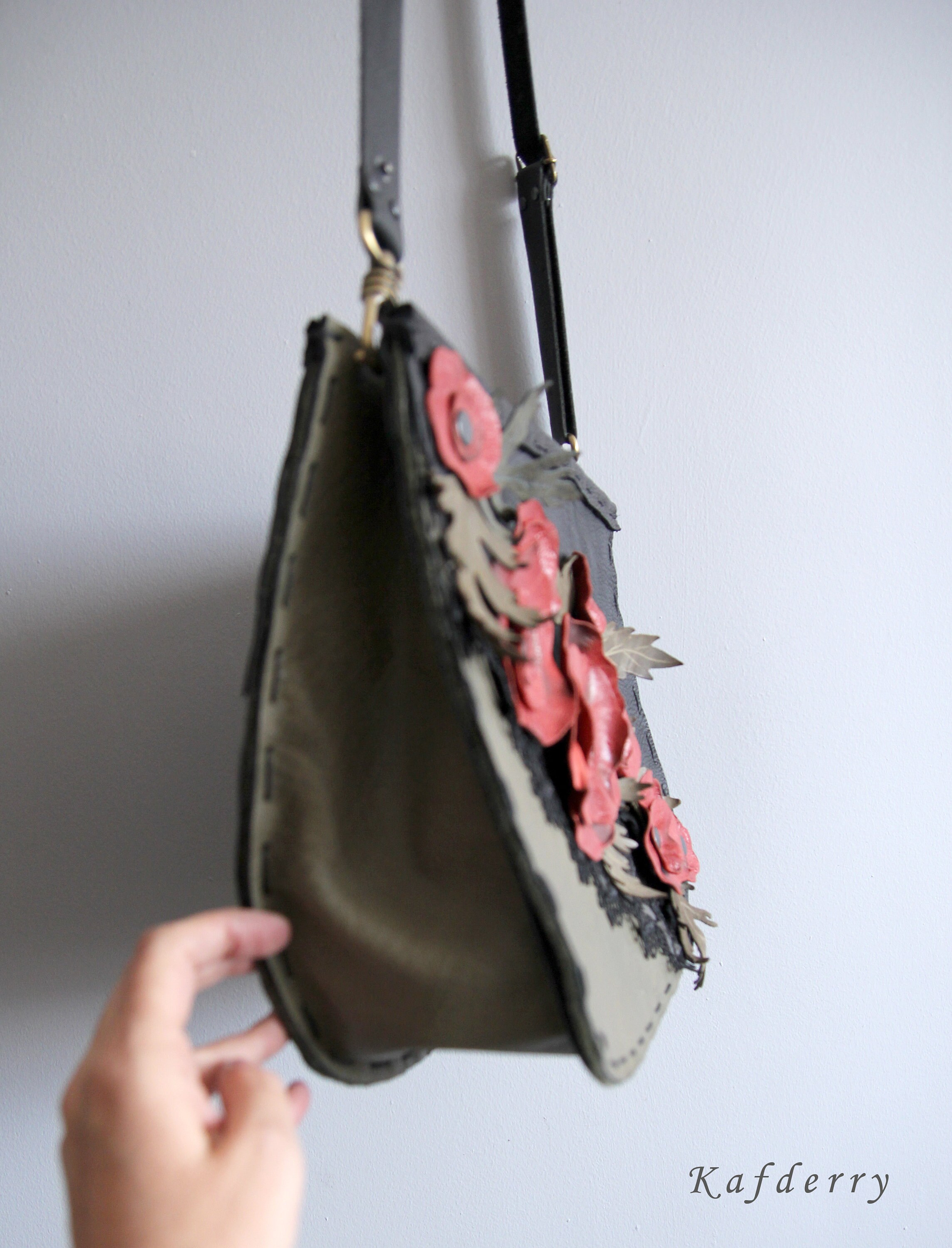 Poppies Leather Bag With Customizable Flower Leather Bag / Raw Edge ...