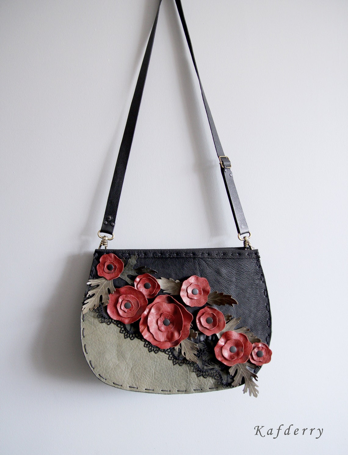 Poppies Leather Bag With Customizable Flower Leather Bag / Raw Edge ...