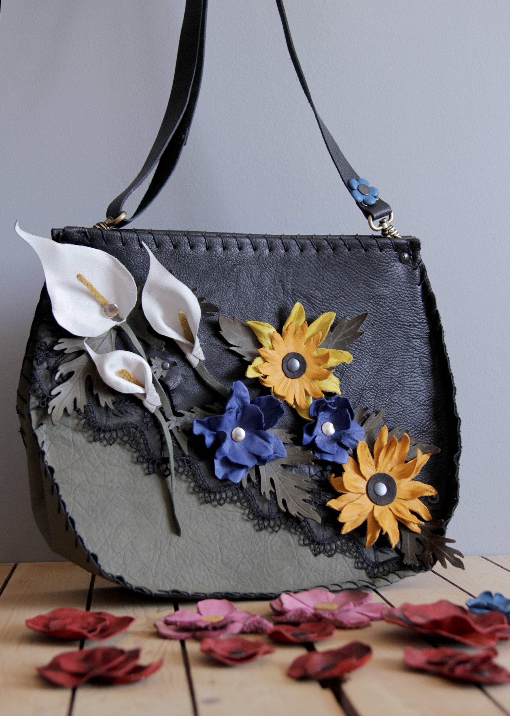 Poppies Leather Bag With Customizable Flower Leather Bag / Raw Edge ...