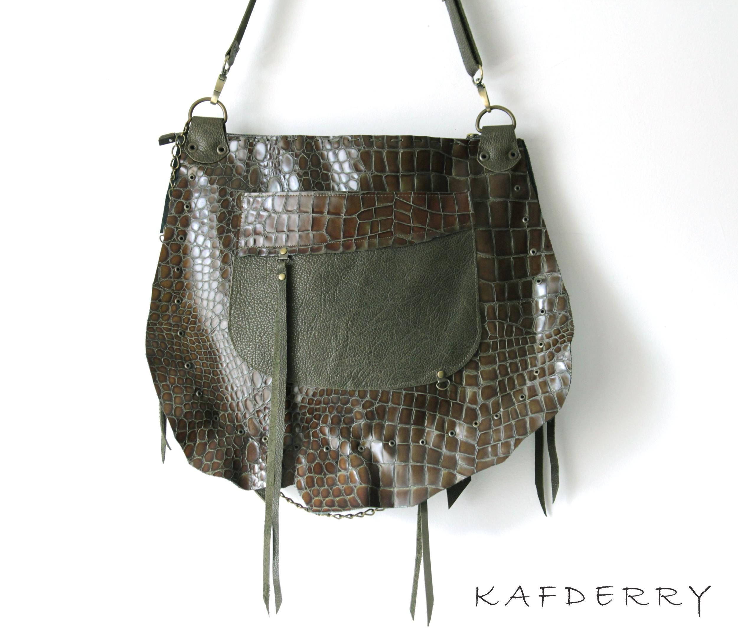 Grunge Chic Khaki Green Crocodile Patterned Genuine Leather Crossbody ...