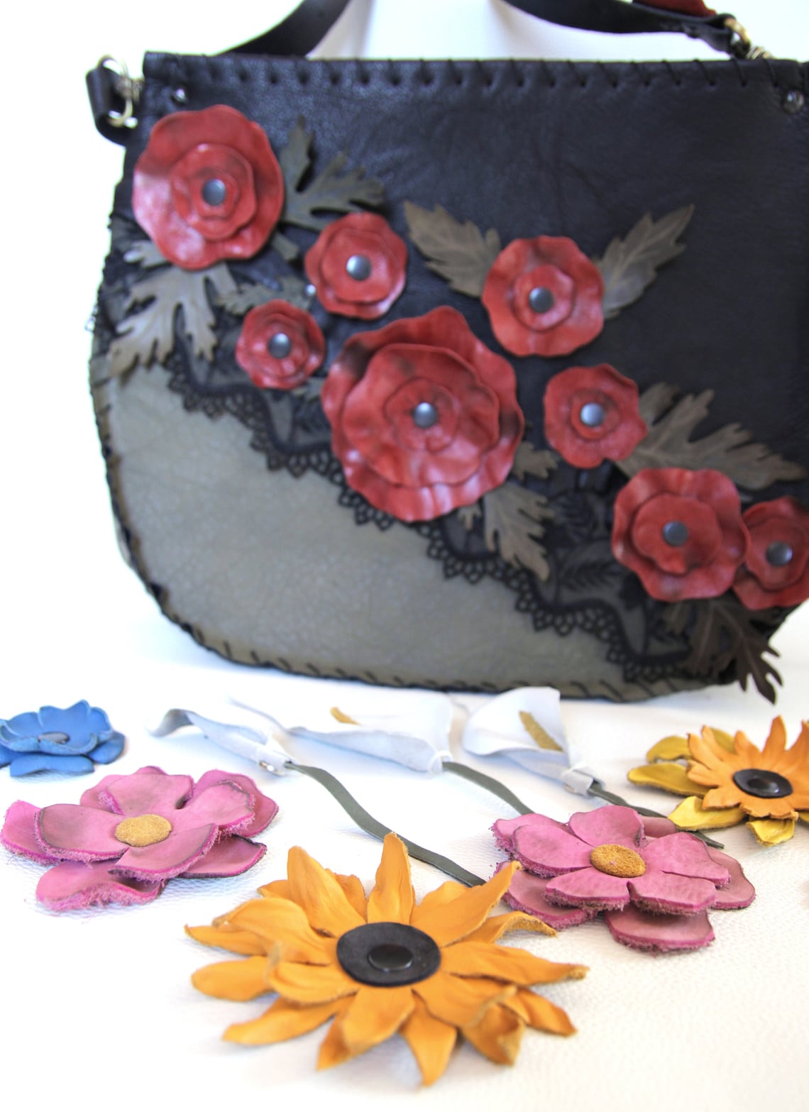 Poppies Leather Bag With Customizable Flower Leather Bag / Raw Edge ...