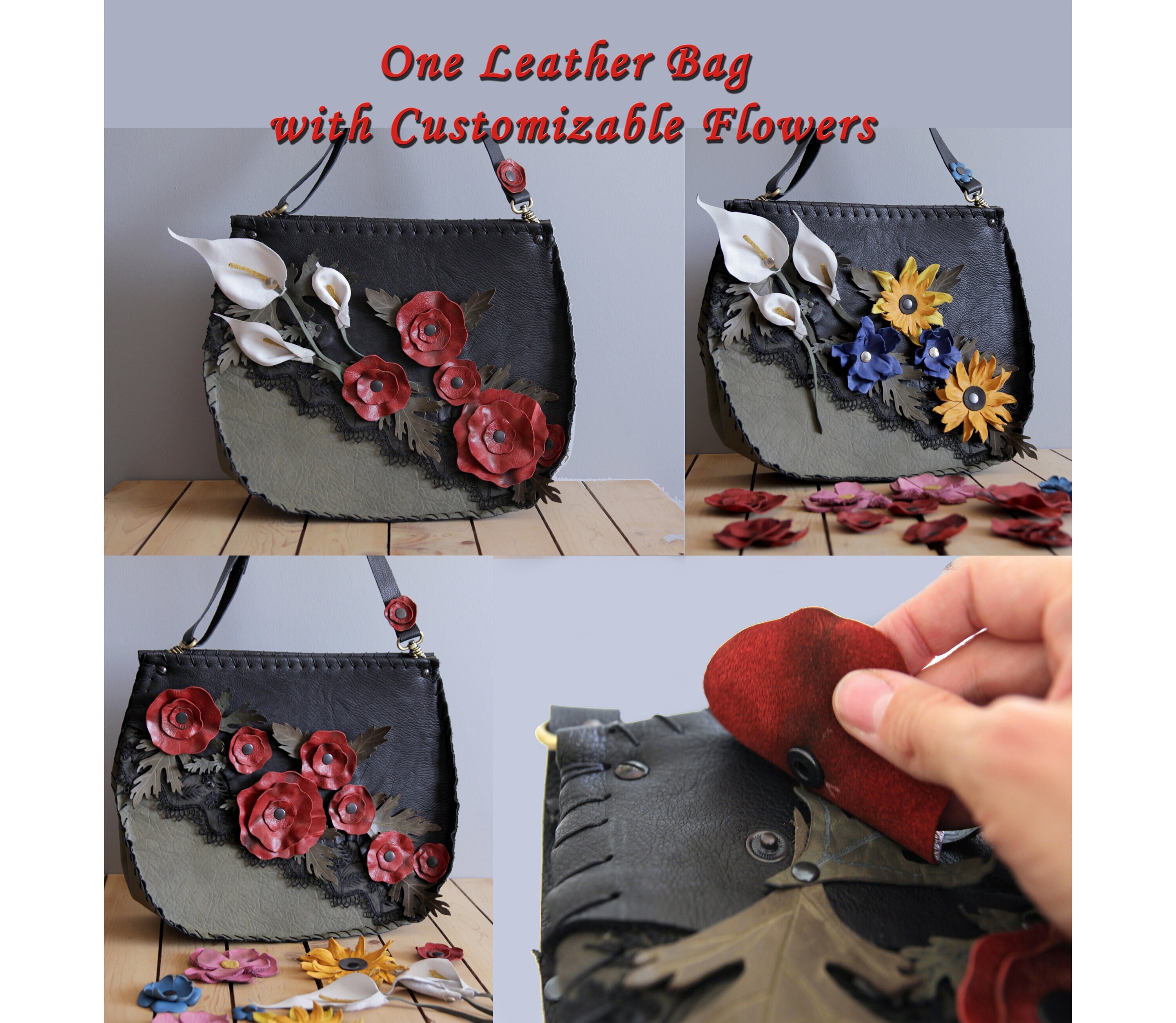 Poppies Leather Bag With Customizable Flower Leather Bag / Raw Edge ...