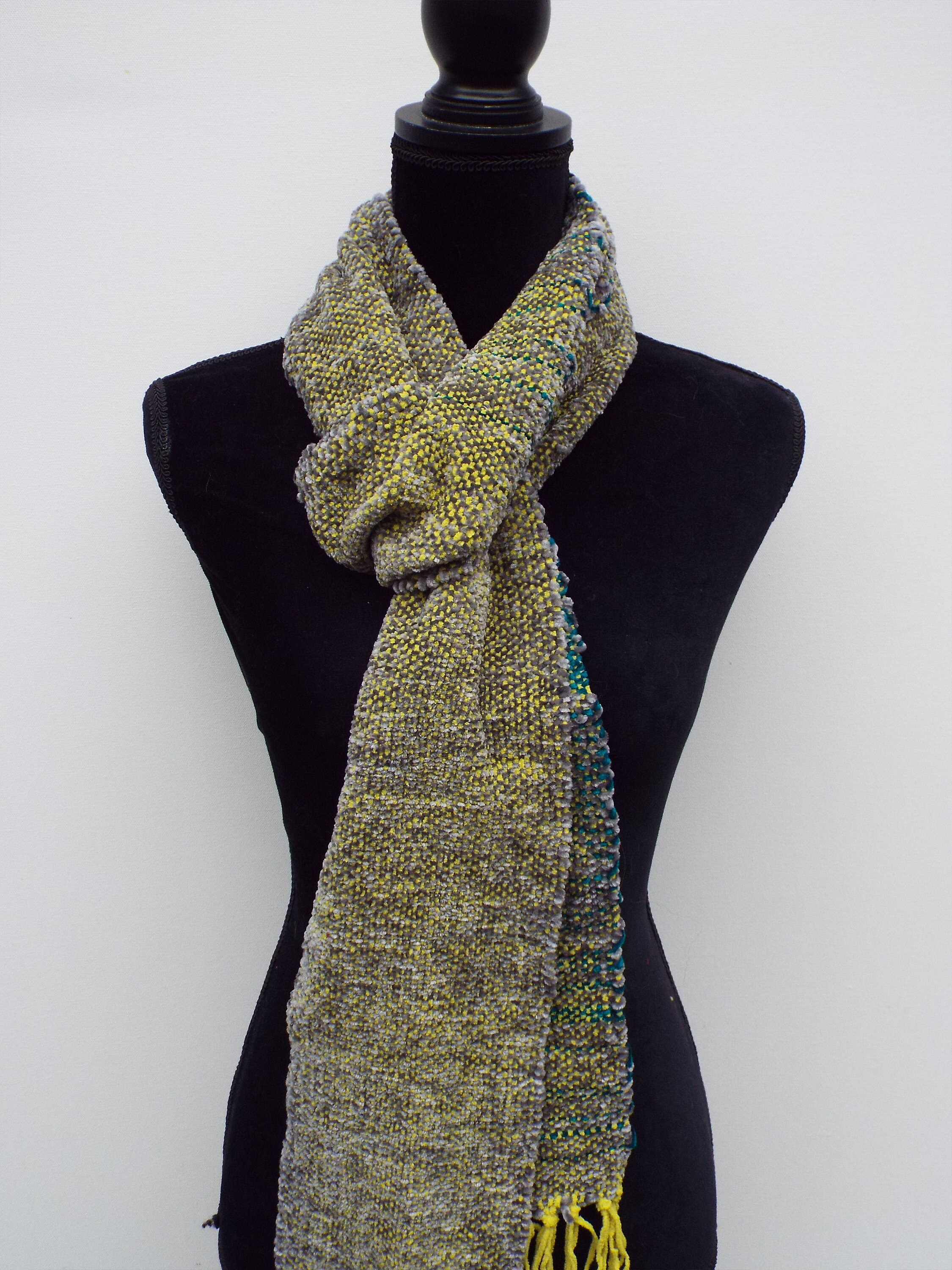Yellow and Green Scarf, Handwoven Scarf With Super Soft Chenille Yarn ...