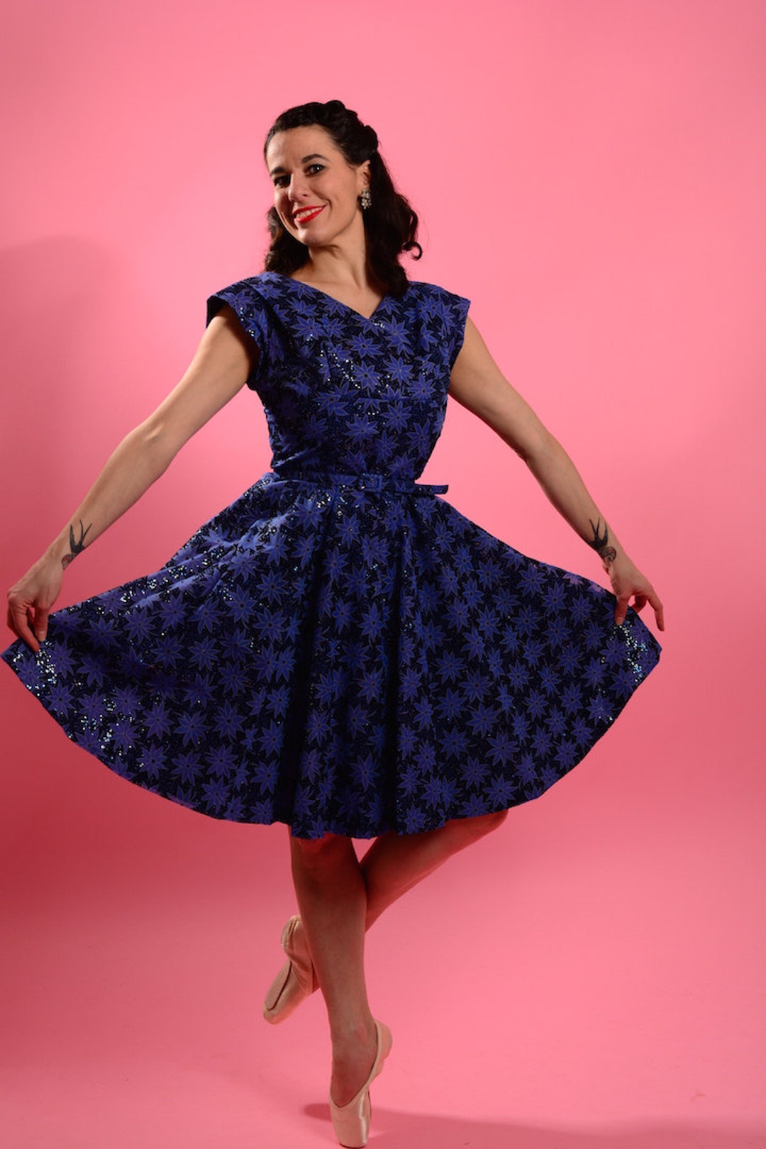 Vintage 1950's Party Dress 50's Dress With Flocked Velvet and Glitter ...