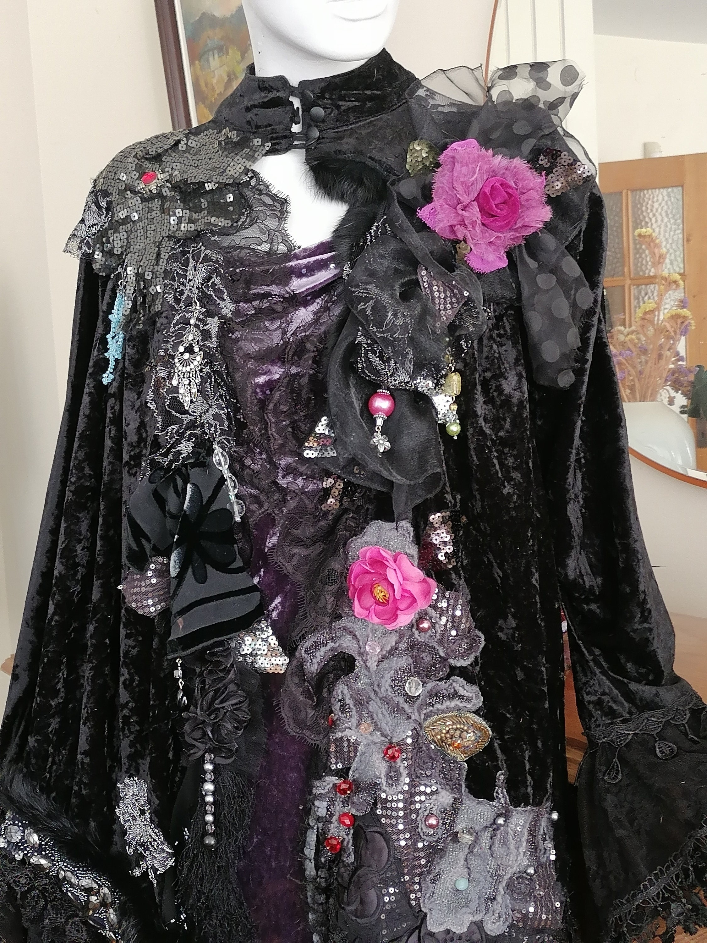 Black Velvet BOHO Jacket With Lots of Lace, Flowers, Beads, Embroidery ...