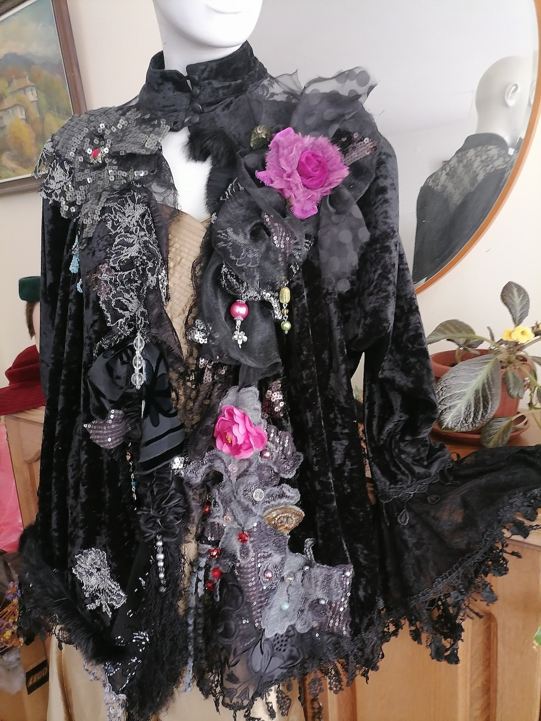 Black Velvet BOHO Jacket With Lots of Lace, Flowers, Beads, Embroidery ...