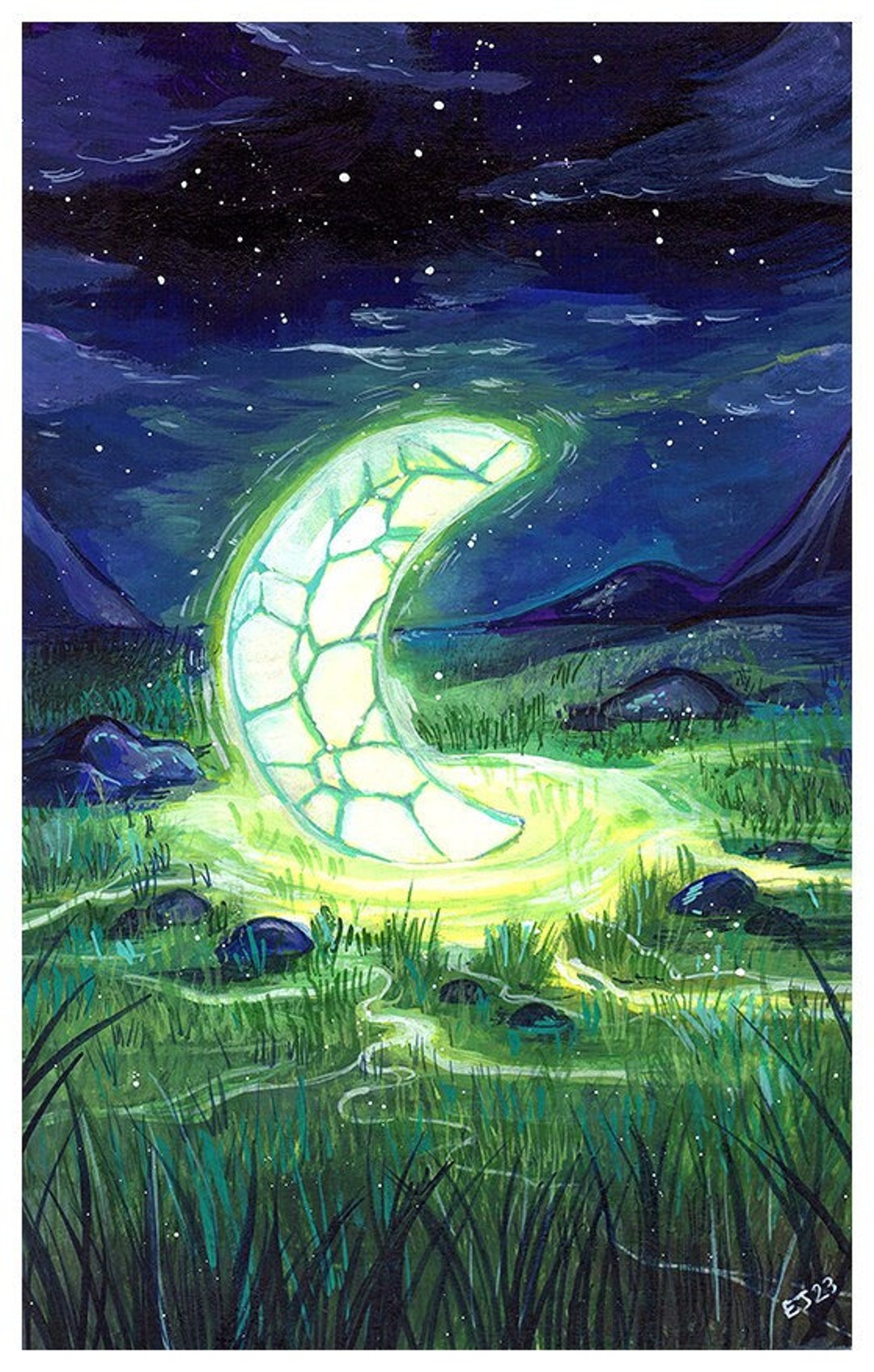 ART PRINT "fallen" Broken Fantasy Moon Landscape Blue Yellow Glowing ...