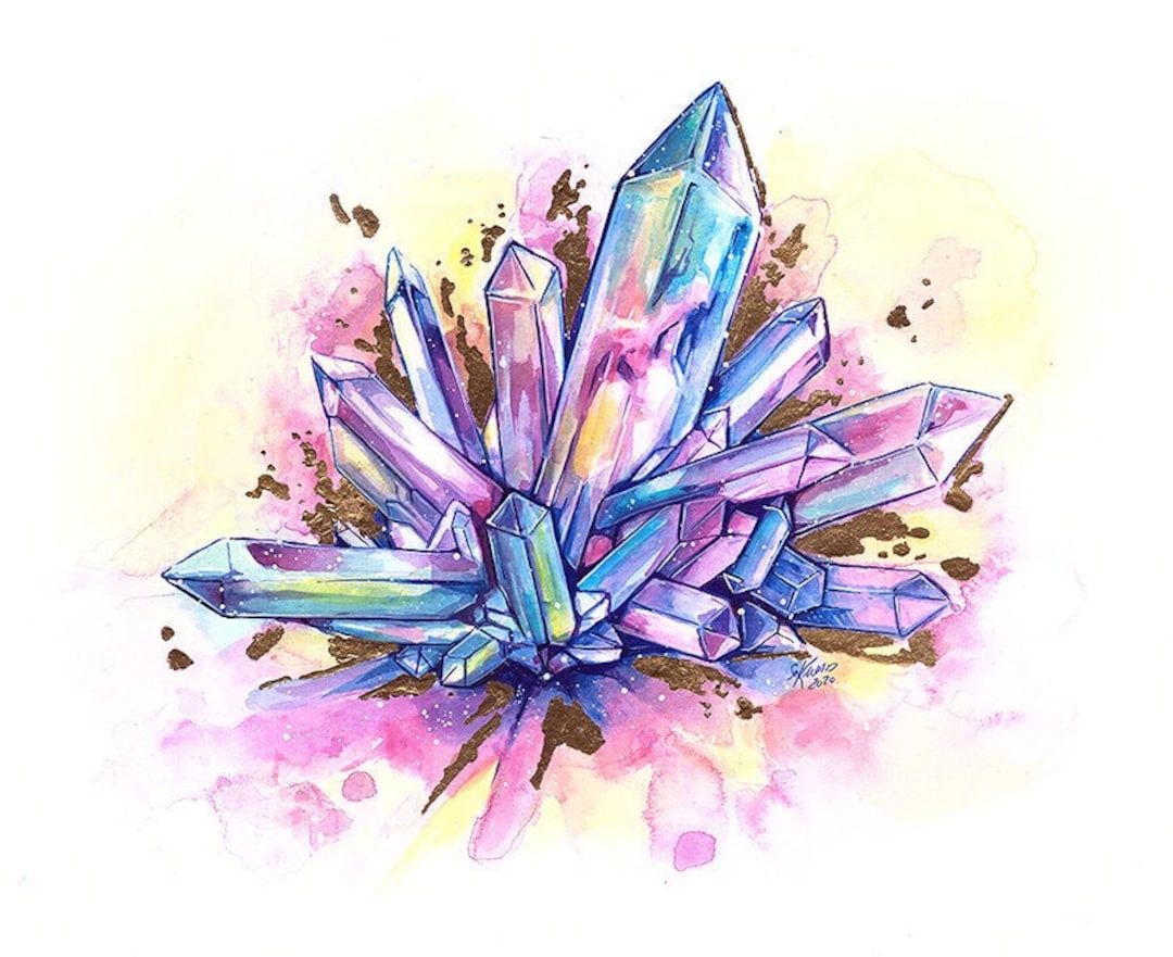 Art PRINT Gem Stone Quartz Rainbow Colorful Shiny Fantasy Artwork Gold ...
