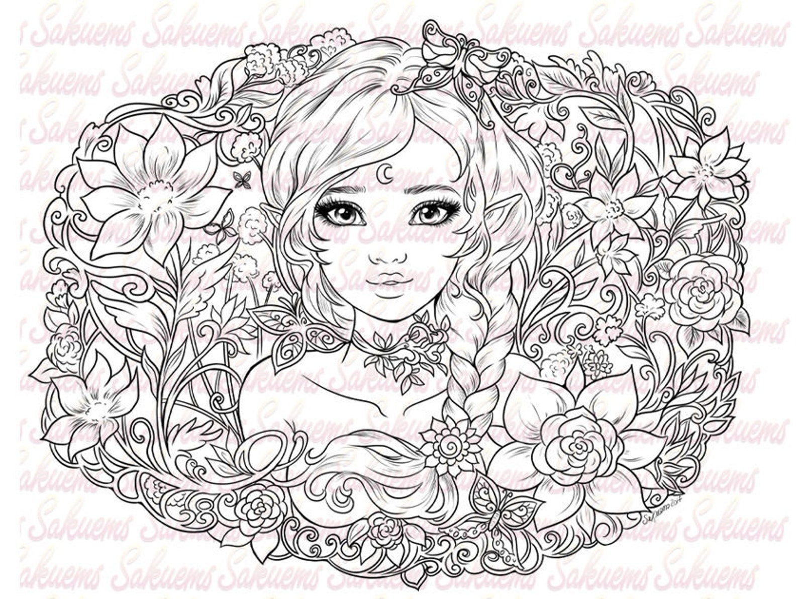 Digital Stamp Fantasy Portrait Cute Elf Spring Flowers Art - Etsy