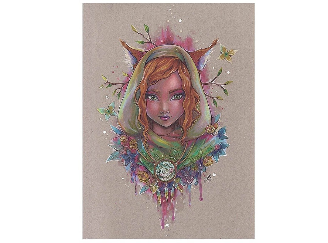 Kitsune Elf Girl Art Print, Fantasy Woman Portrait - Etsy