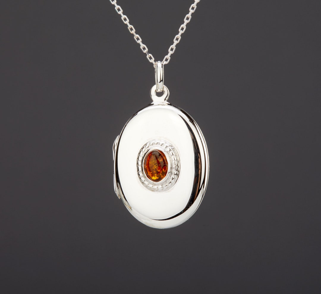 Amber on Sterling Silver Oval Locket With Photo,custom Engraving Oval ...