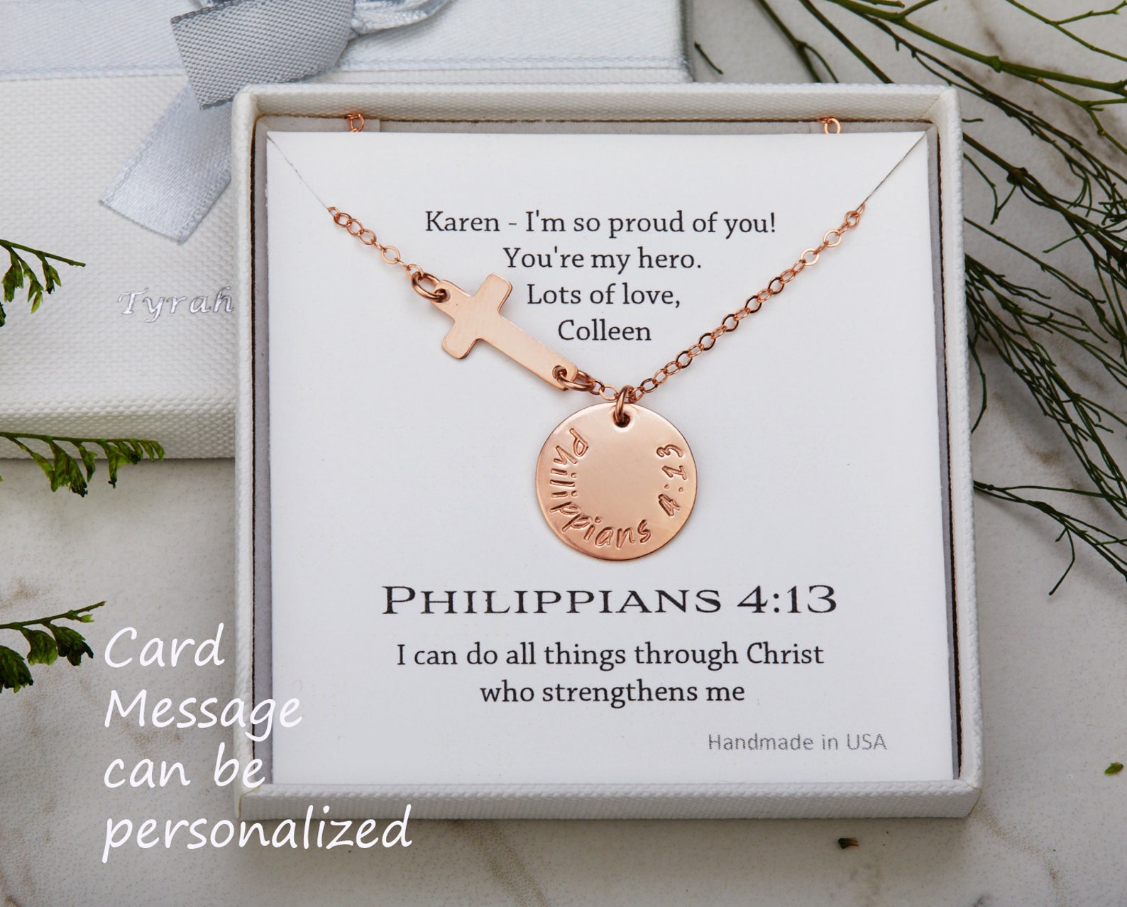 Rose Gold Bible Verse Necklace,hand Stamped Jewelry,sideway Cross ...