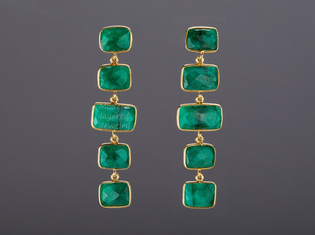 Five Tier Emerald Earring,long Dangle Emerald Earring,square Emerald String,nature Gemstone,may ...