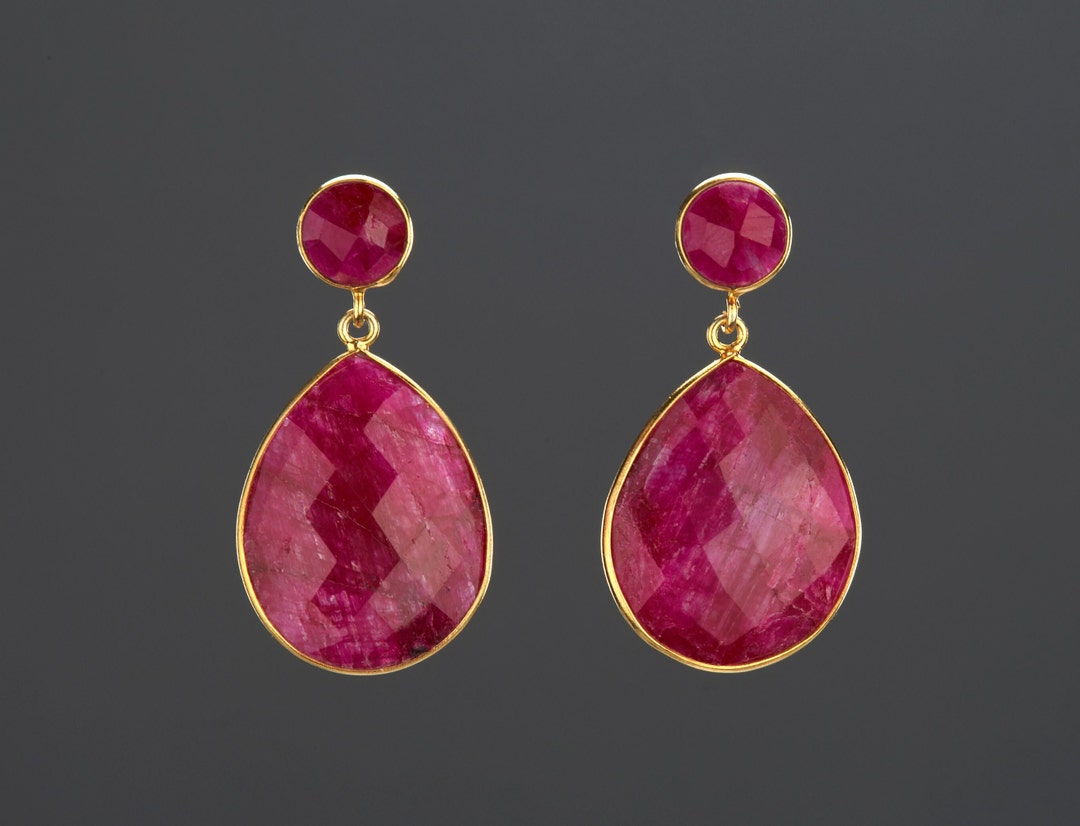 Two Tier Ruby Earring,two Ruby Round Pear Earring,large Ruby Earring ...