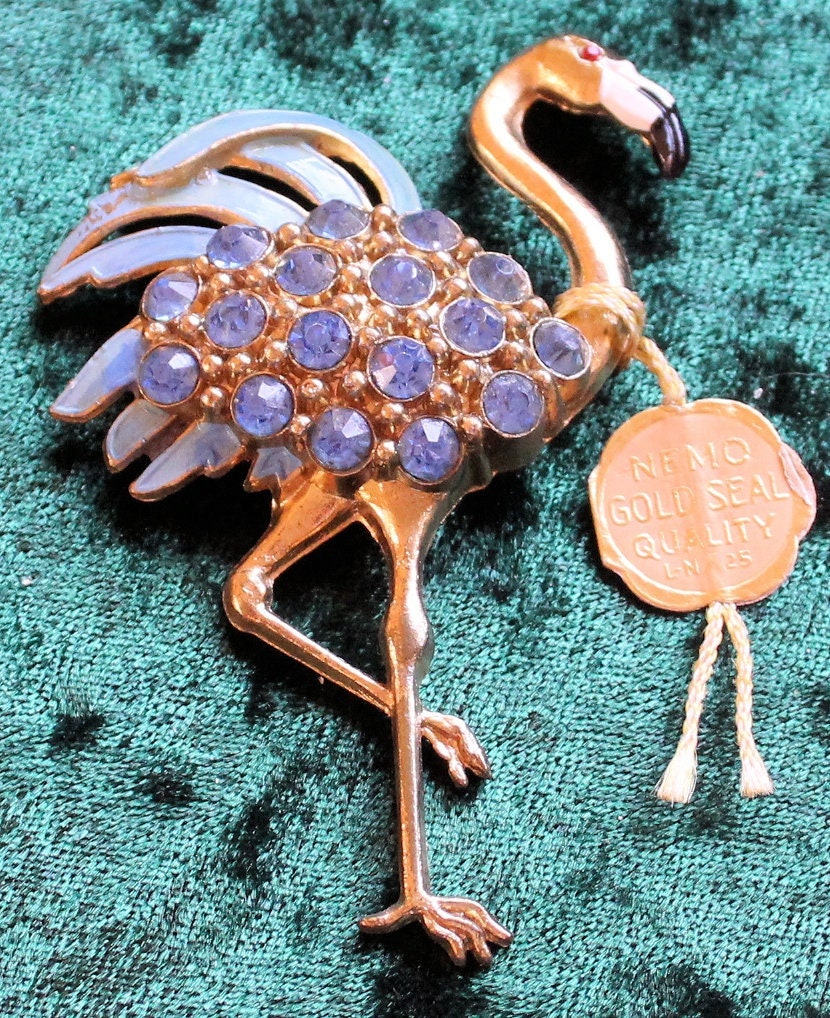 Big Vintage Flamingo Brooch /pin Art Deco Pot Metal Blue Rhinestone ...