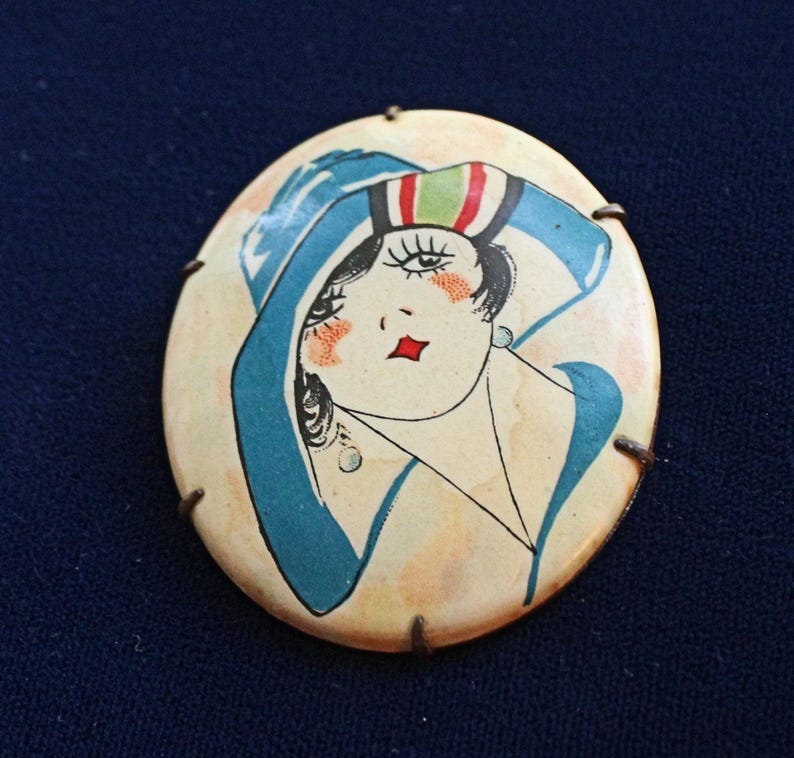 Antique 1920s Lithograph of Flapper Brooch/ Pin - Etsy
