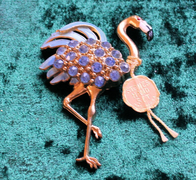 Big Vintage Flamingo Brooch /pin Art Deco Pot Metal Blue Rhinestone ...