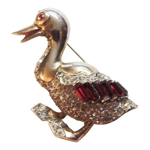Rhinestone Duck Brooch/Pin Vintage 940 Gold Figural P… - Gem