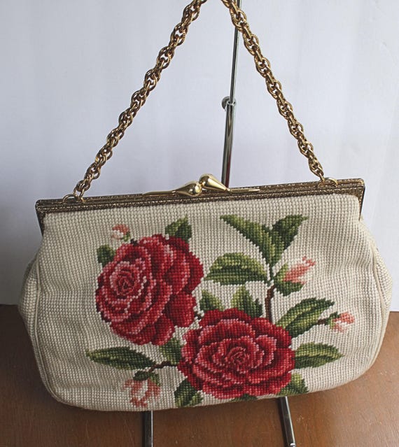 Red Roses Needlepoint Handbag With Decorated Frame C.… - Gem
