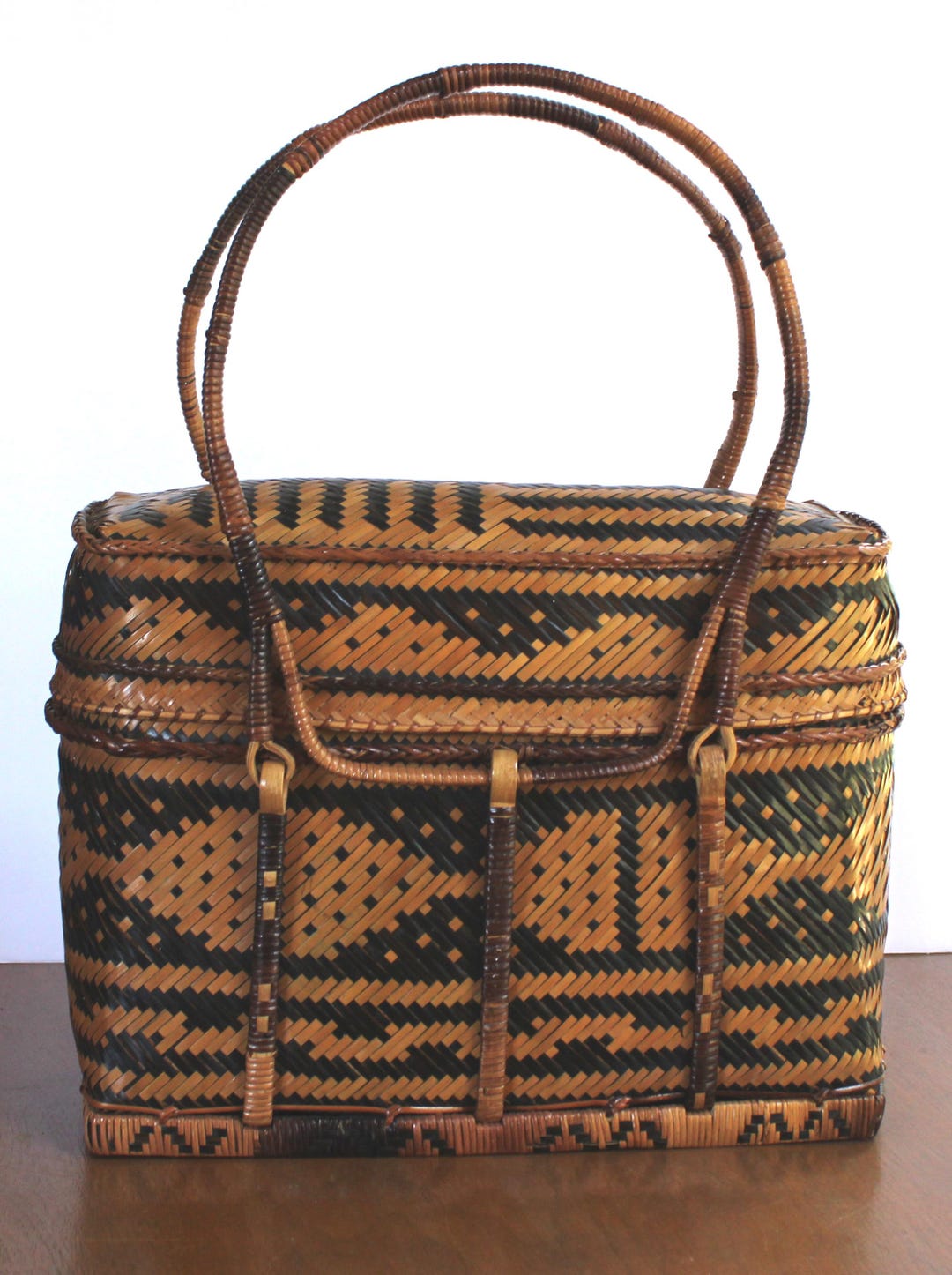 Vintage Woven Brown and Black Rattan Wicker Handbag/purse - Etsy