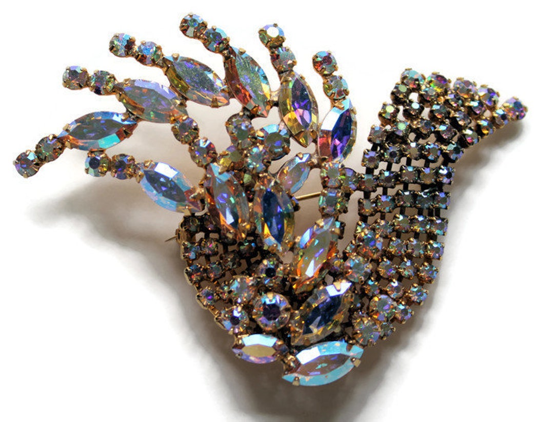 Vintage Pierre Rhinestone Bird Brooch: Aurora Borealis AB Pin, 1950s ...