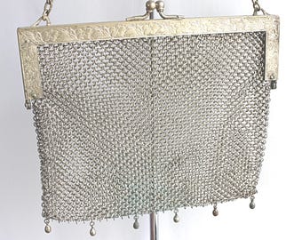 Antique German Silver Chain Mail Mesh Bag, Ornate Embossed Silver Frame ...
