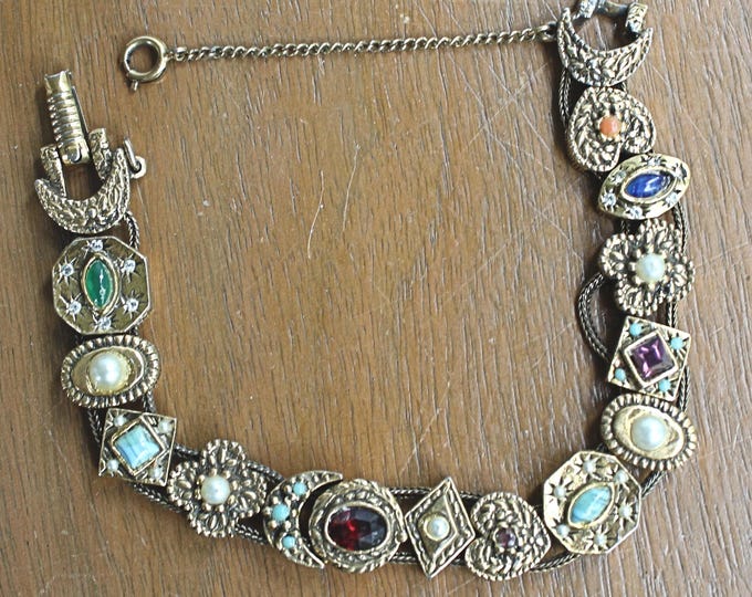 Vintage Slide Charm Bracelet, Victorian Revival Multi-colorful ...