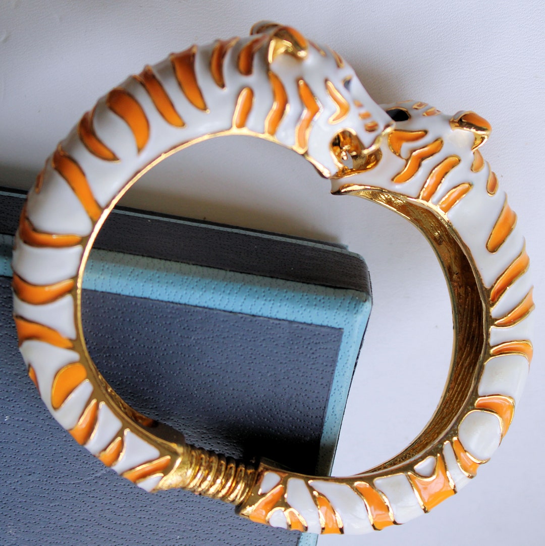Vintage KJL Kenneth Jay Lane Orange and White Striped Enamel Double ...